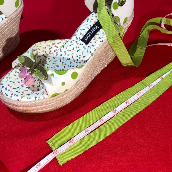 kenzie | Shoes | Kenzie Polka Dot White Pink Green Wedge Tie Heel 6 ...